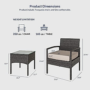 BELLEZE 3 Piece Patio Set, Patio Furniture Set with Tempered Coffee Table and Wicker Chairs, Balcony Furniture Outdoor Patio Set with Removable Cushions for Garden Balcony Backyard Poolside - Brown