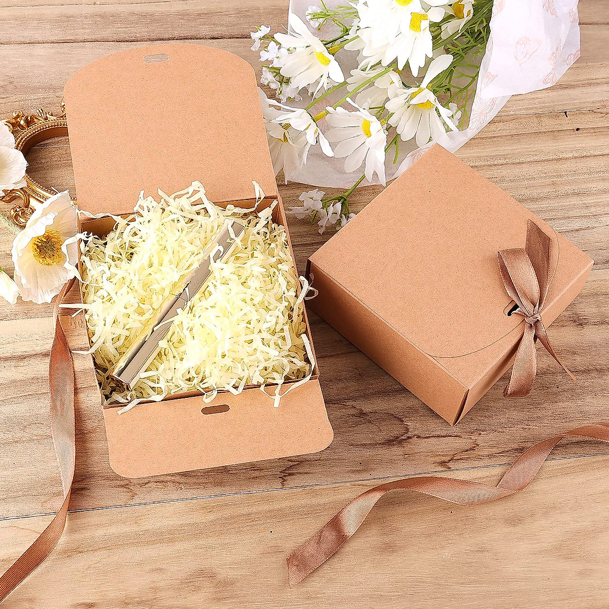 AIEX 12 Pcs Gift Boxes with Lids, 4.5" x4.5"x2" Present Boxes Square Gift Box with Champagne Wrap Ribbons, Gift Wrap Boxes for Birthday Wedding Party Christmas Chocolate Candy (Brown)