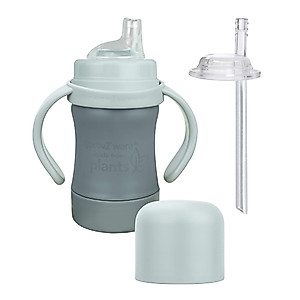 green sprouts Sprout Ware Plant-Plastic Sip & Straw Cup, Includes Sippy & Straw Spouts, Easy Grip Handles, Gray