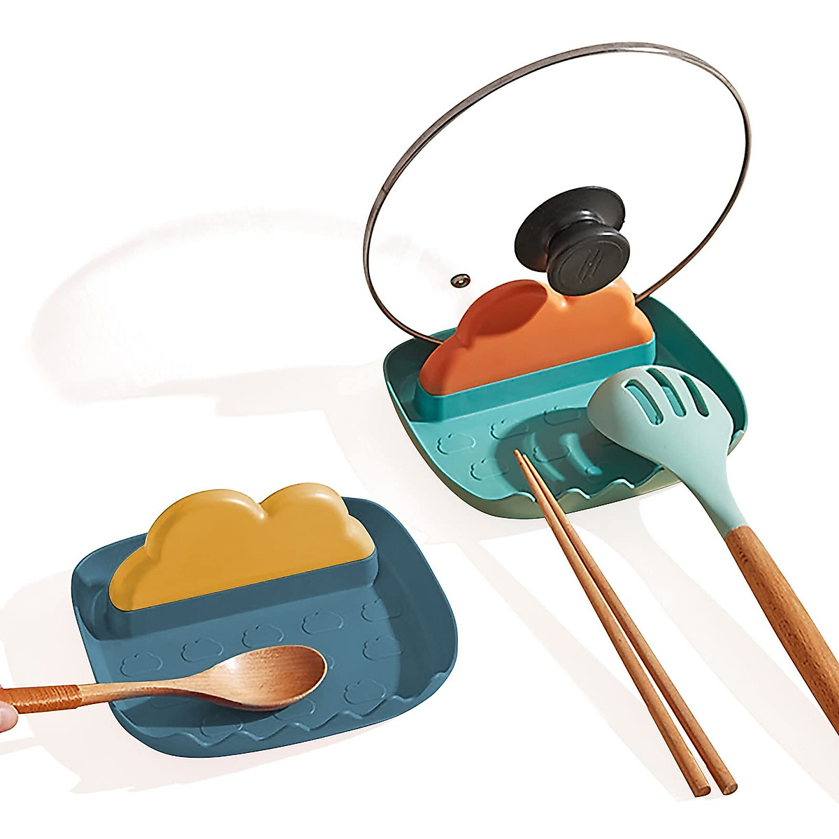 BREENHILL Spoon Rest with Lid Holder,Spoon Rest for Kitchen Counter 2 Pack,Cute Kitchen Gadgets Accessories for Coffee Station Cooking Blue Green