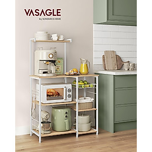 VASAGLE Baker's Rack, Microwave Stand, Kitchen Storage Rack with Wire Basket, 6 Hooks, and Shelves, for Spices, Pots, and Pans, Golden Oak and Cloud White UKKS035W09