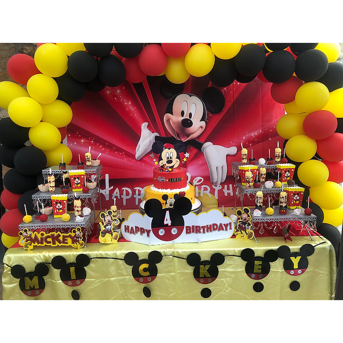 VV Backdrop Happy Birthday Mickey Mouse Theme 7x5 Vintage Black and Red Background for Kids First Birthday Vinyl Sparkly Backgroundsfor Party