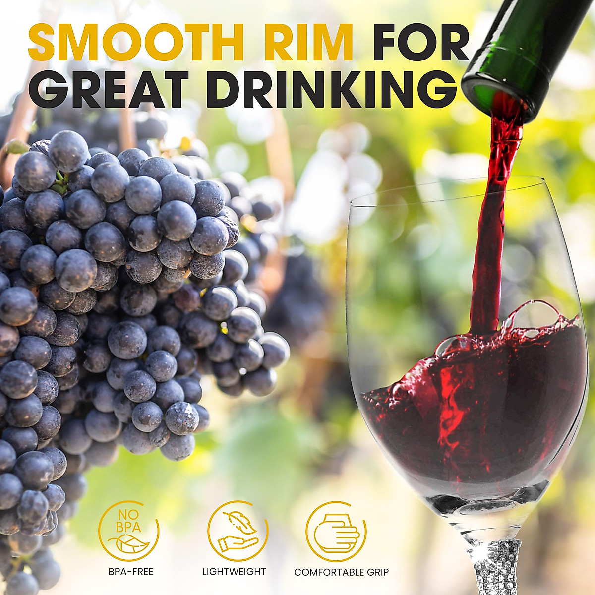 BERKWARE Premium Wine Glasses Set of 2 - Crystal Long Stem Wine Glass with Silver Rhinestone Stem Design - 12 oz