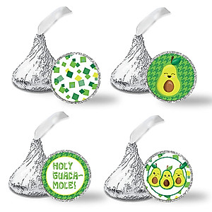 Holy Guacamole Trio of Avocados Birthday Kiss Sticker Labels for Kids, 300 Party Circle Sticker Sized 0.75” for Chocolate Drop Kisses by AmandaCreation, Great for Favors, Treats, Envelopes & Bags