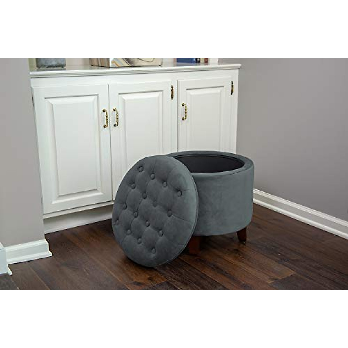 Homepop Home Decor | Upholstered Round Velvet Tufted Foot Rest Ottoman | Ottoman with Storage for Living Room & Bedroom | Decorative Home Furniture, Dark Gray Small