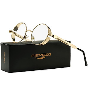 AIEYEZO Round Steampunk Sunglasses for Men Women Gothic Glasses Vintage Circle Metal Frame 100% UV Blocking Lens (Gold/Clear)