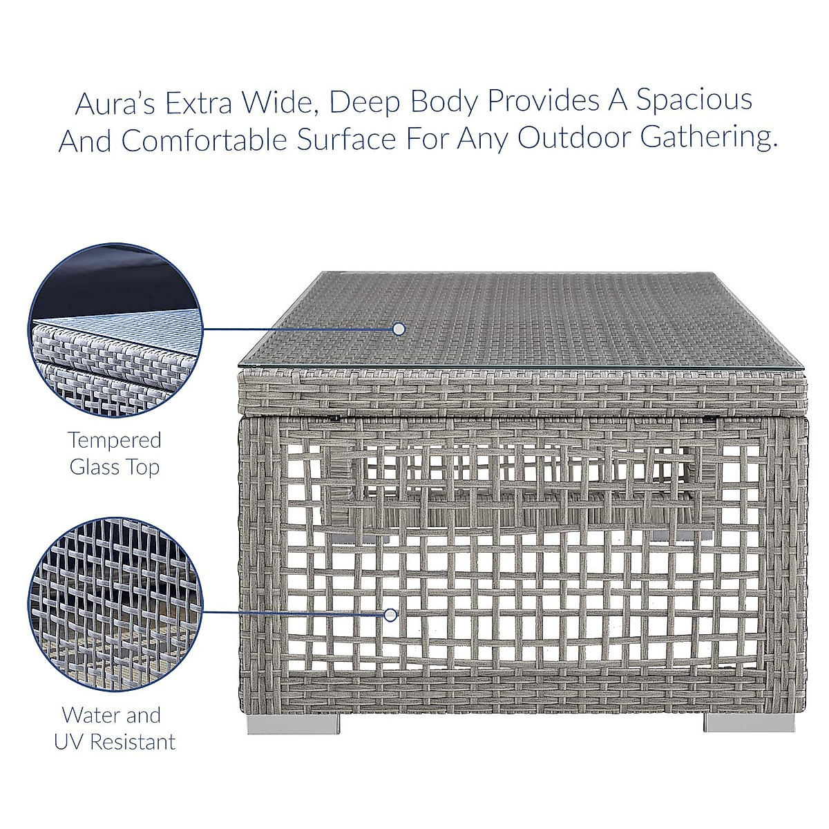 Modway Aura Wicker Rattan Outdoor Patio Tempered Glass Coffee Table in Gray