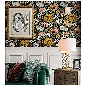 HAOKHOME 93217 Vintage Large Floral Peel and Stick Wallpaper Removable Daisy Leaf Black/Sand/Oliva Vinyl Self Adhesive Mural 17.7in x 6.6ft