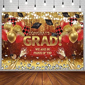 AIBIIN 7x5ft Congrats Grad Backdrop Red Gold Glitter Diamond Graduation Photography Background Class of 2023 Celebration Prom Party Decorations Congratulations on Graduation Banner Photoshoot Props