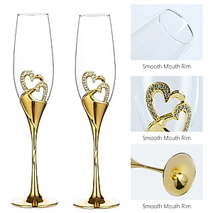 LANLONG Wedding Champagne Goblets Toasting Flute Glasses for Bride and Groom Creative Deluxe Glass Cups with Rhinestone Rimmed Heart Decoration Gift Set