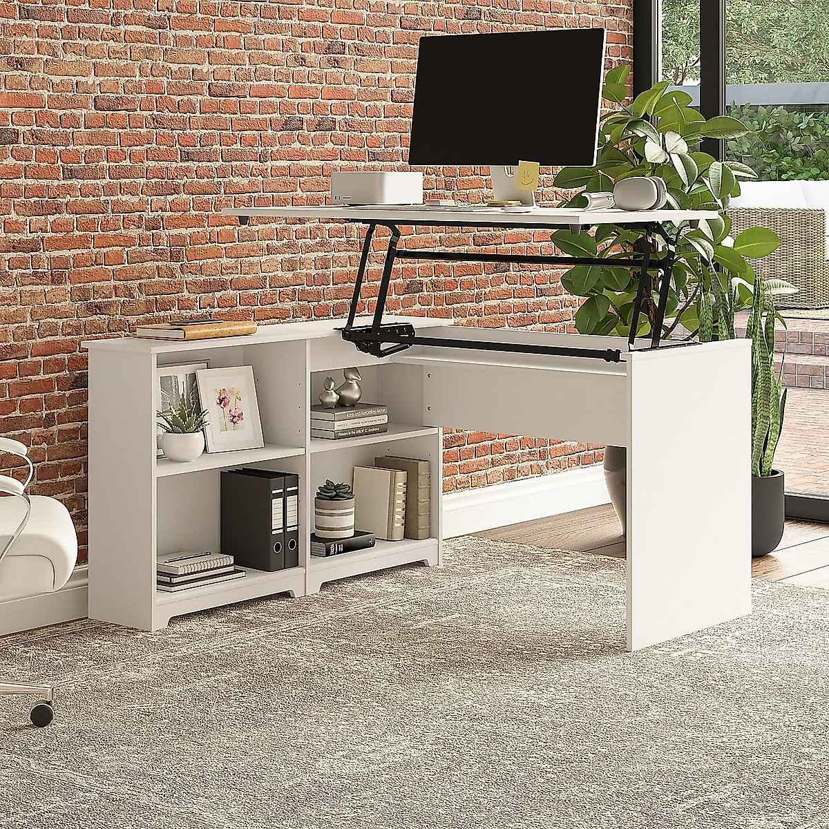 Bush Furniture Cabot 3 Position Sit to Stand Bookcase Corner Desk with Shelves, 52W, White