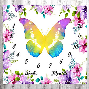 LYLYCTY Baby Monthly Milestone Blanket for 1 to 12 Months Baby, Flower and Butterfly Blanket for Baby Pictures Personalized, Includes Wreath and Frame 47"x47" BTZYLY36