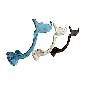 Cast Iron Whale Tail Wall Hooks, Assorted Colors, 5 Inches, Set of 3