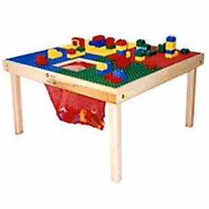 Fun Builder Wood Table-Compatible with Lego® Brand blocks-27 x27 Built in Mesh Net-Made in USA -Premium Series with Fully Assembled Solid Wood Frame with Solid Wood Legs. Preassembled-Ages 5 & UP