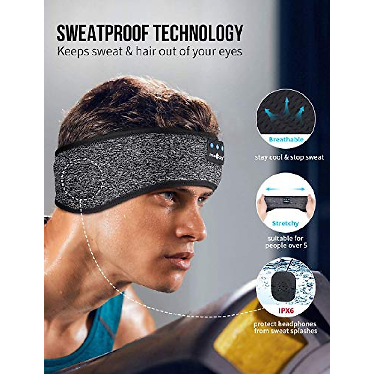 MUSICOZY Sleep Headphones Bluetooth 5.2 Sports Headband, Wireless Music Sleeping Headband Headphones IPX6 Waterproof Earbuds for Side Sleepers Workout Running Insomnia Travel Yoga, Pack of 2