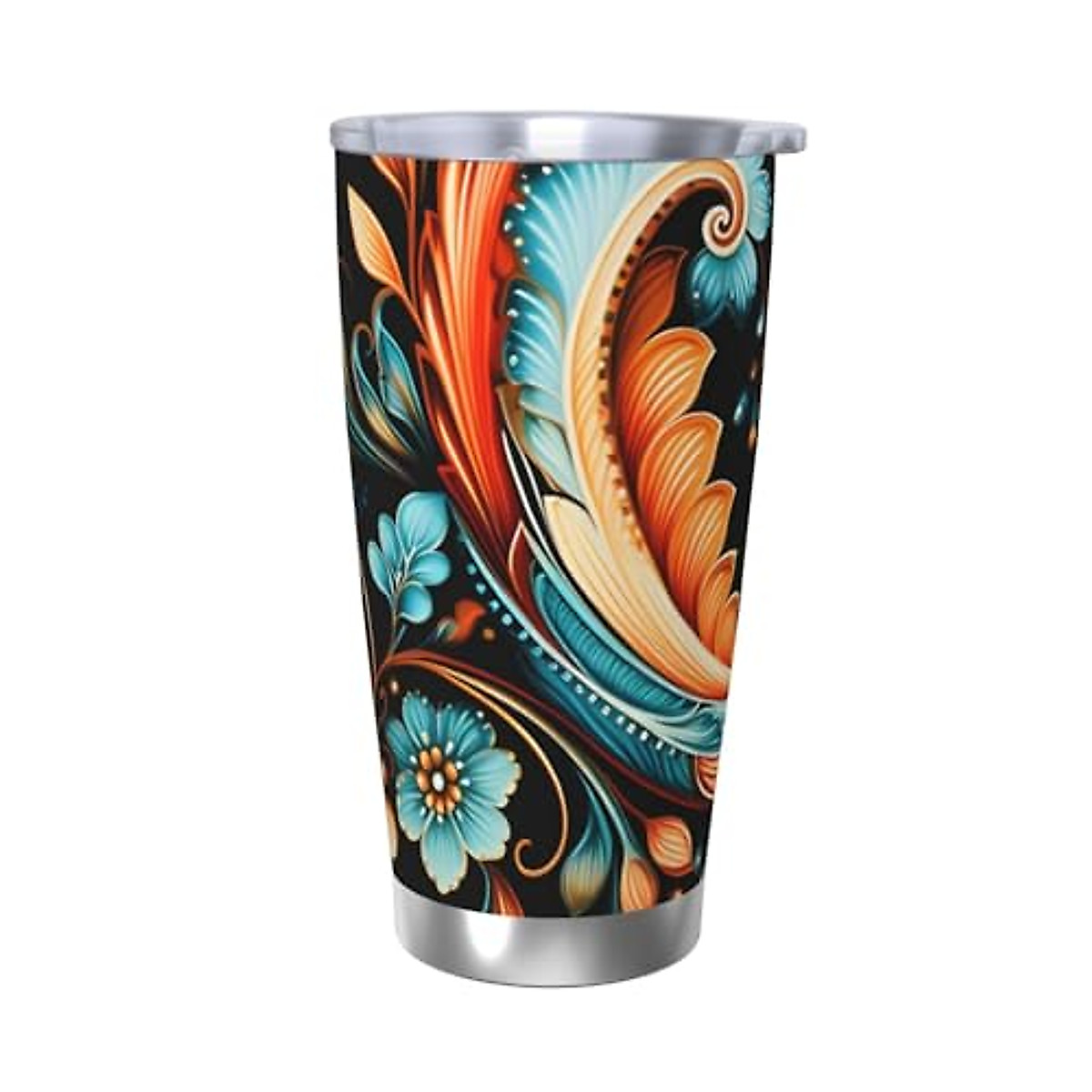 AYCZN Ethnic Feather 20 OZ Tumbler Stainless Steel Travel Coffee Mug, Vintage Flower Floral Insulated Water Bottle with Lid and 2 StrawsLeakproof Thermal Cup