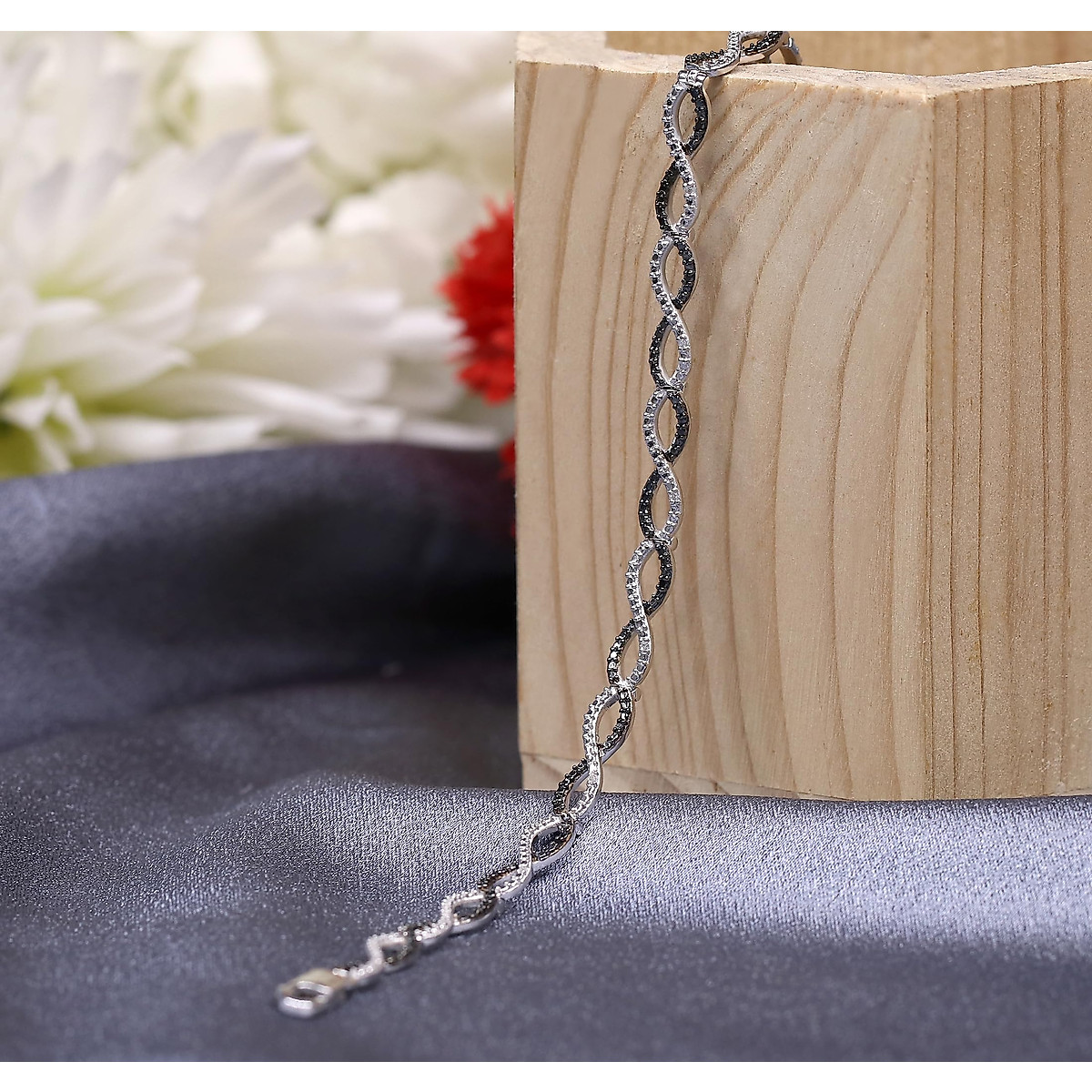 Dazzlingrock Collection 0.20 Carat (ctw) Round Black Diamond & White Diamond Swirl Infinity Tennis Link Bracelet for Women in 925 Sterling Silver