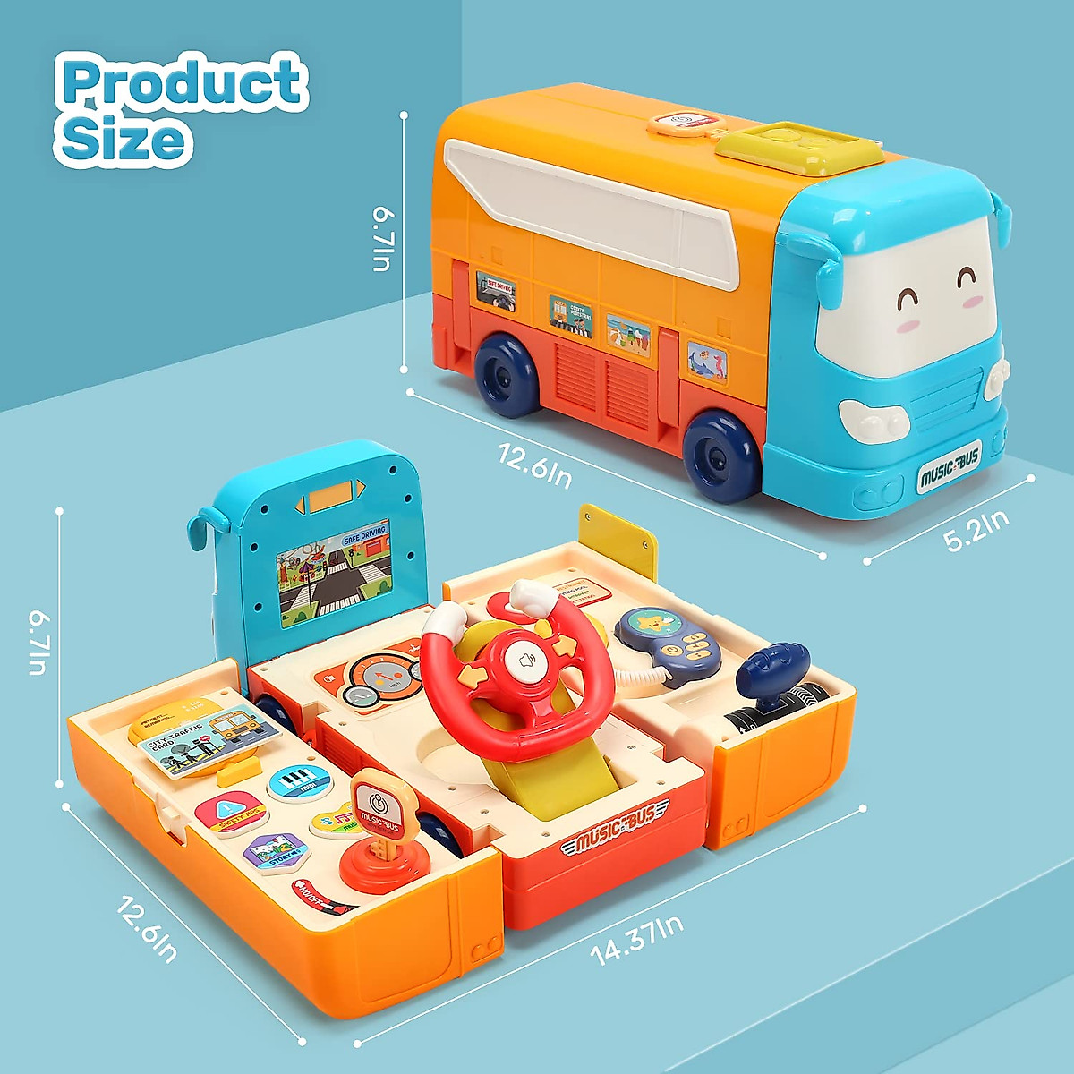 HOLYFUN Bus Car Toy for Toddler, Kids Play Bus with Steering Wheel Toy, Sound and Light, Music School Bus Toy, Educational Bus Driving Toy Gift for Boys & Girls