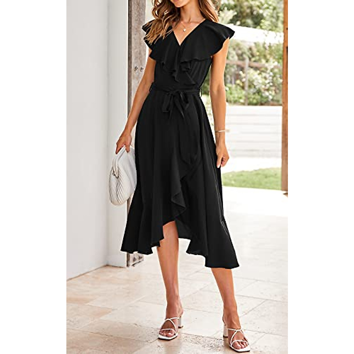 PRETTYGARDEN Women's Summer Wrap Maxi Dress Casual Boho Deep V Neck Short Sleeve Ruffle Hem Split Beach Long Dresses (Black,Large)