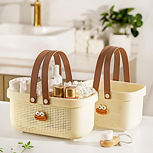 FlamingWind Large Shower Caddy Basket, Portable Plastic Storage Basket with Soft Silicone Handles for Soap and Shampoo, Shower Storage Organizer Tote for Bathroom, College Dorm (Cream)