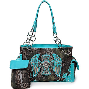 Camouflage Cross Western Style Studded Handbag Concealed Carry Purse Country Women Shoulder Bag Wallet (Turquoise Set)
