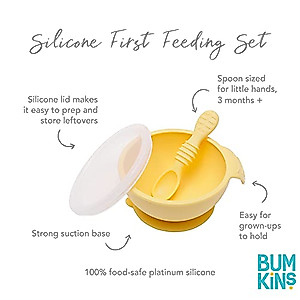 Bumkins Baby Bowl, Silicone Feeding Set with Suction for Baby and Toddler, Includes 4 Spoons and Lid, First Feeding Set, Training Essentials for Baby Led Weaning for Babies 4 Months Up, Pineapple