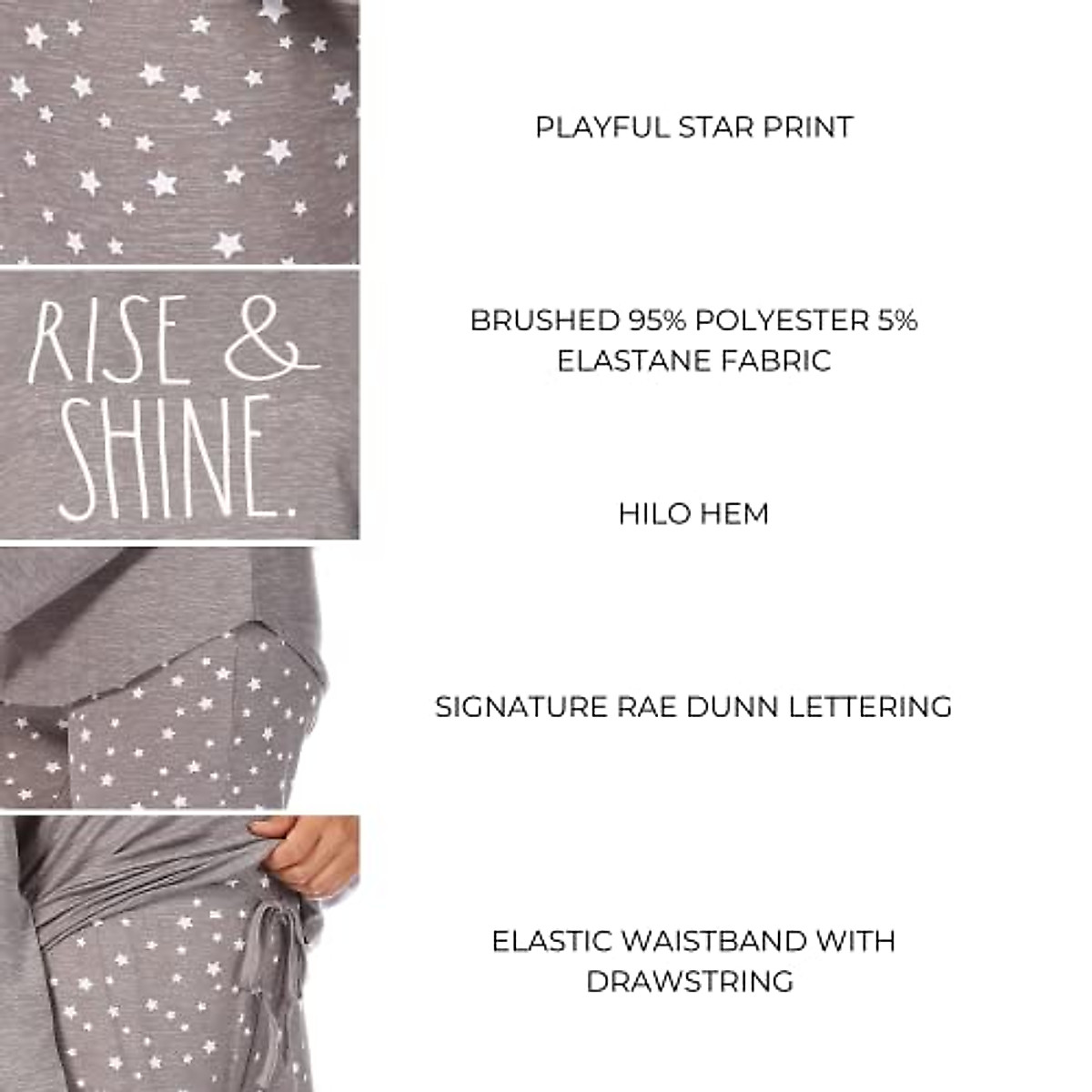 Rae Dunn Women's RISE & SHINE Long Sleeve Top and Drawstring Joggers Pajama Set, Gray Stars, Medium
