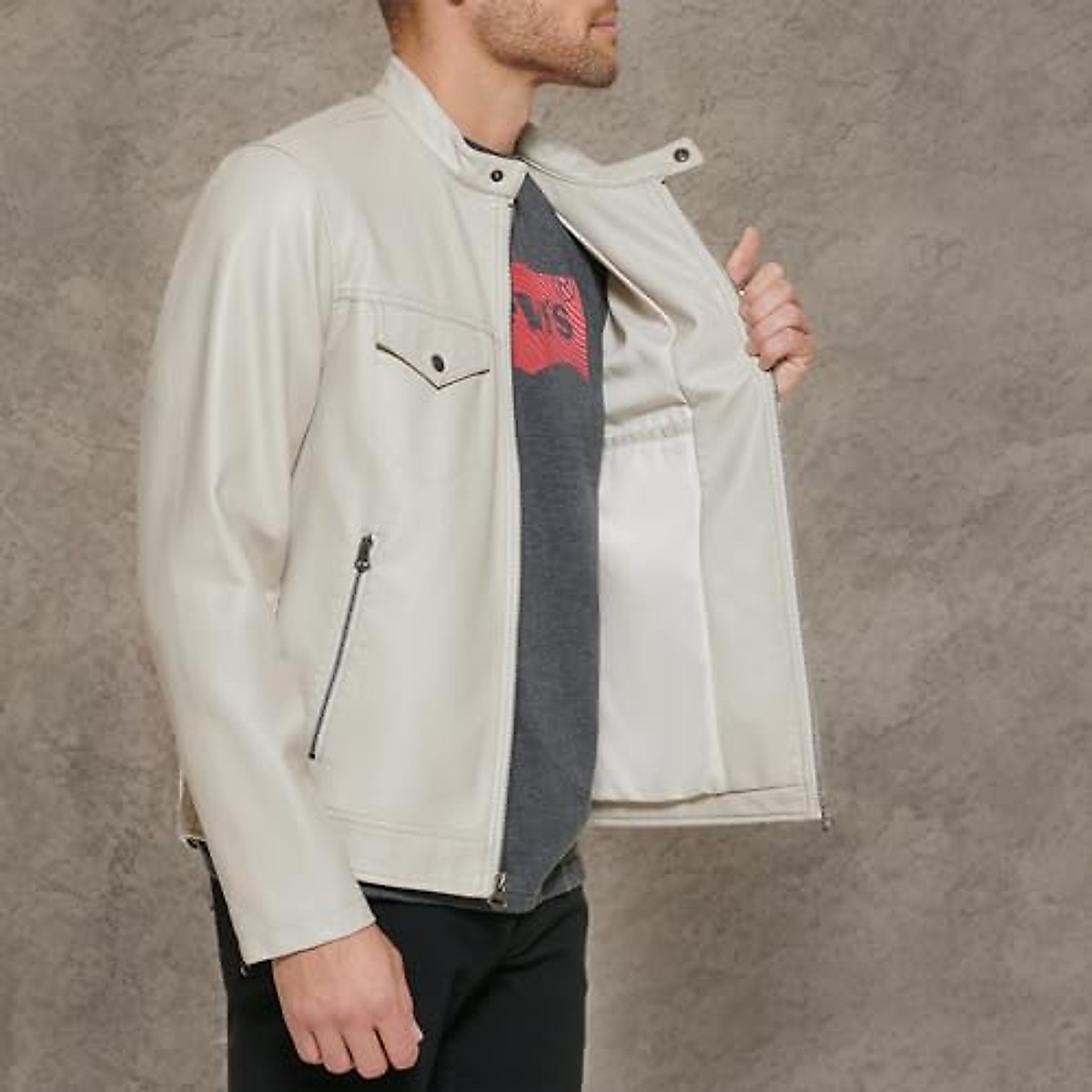 Levi's Men's Faux Leather Racer Jacket, Oyster, Large