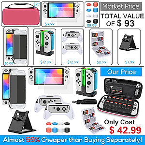 Accessories Bundle for Nintendo Switch OLED Model, MENEEA Carrying Case & Screen Protector, Clear Cover Protector, Grips & Charger Dock for Joycons, Steering Wheels, Console Stand & Game Card Case