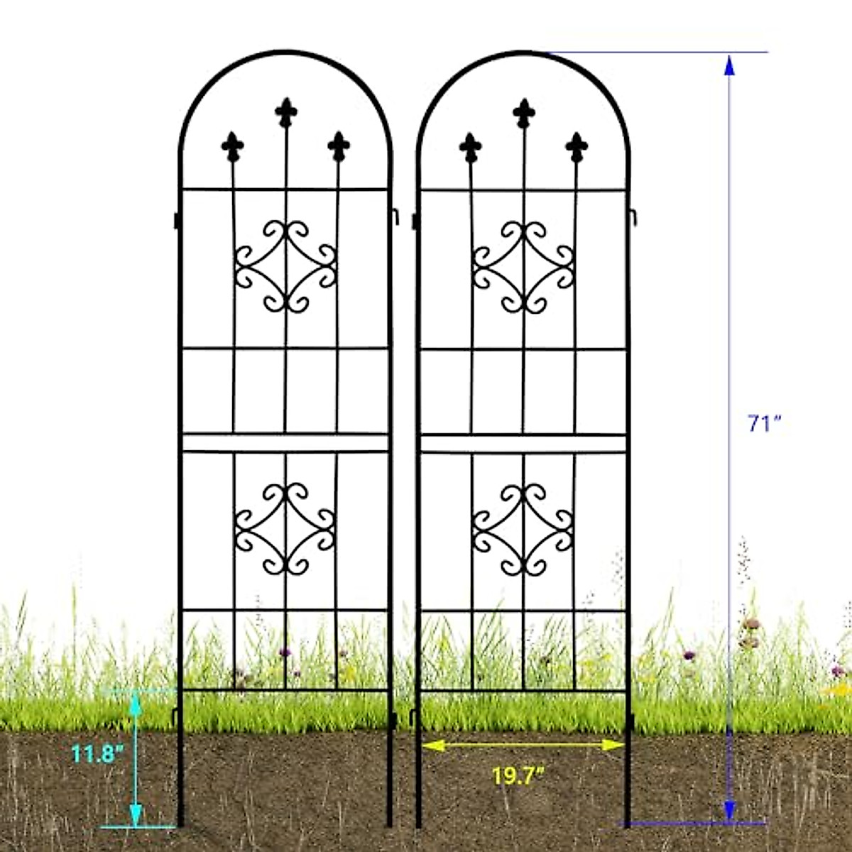 LZRS 2 Pack 71x20in Rustic Garden Trellis with Black Coating Decorative Potted for Climbing Outdoor Roses Vines Flower Vegetable Supports