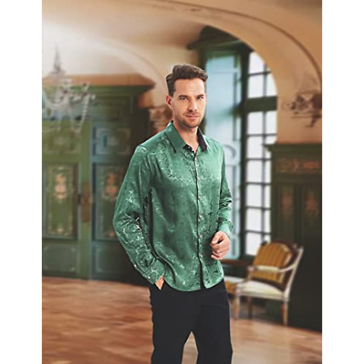 EliteSpirit Mens Rose Printed Dress Shirts Floral Button Down Shirt Long Sleeve Shirts for Party Prom Green S