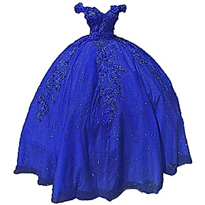 DKBridal Women‘s 3D Flowers Quinceanera Dresses Glittery Tulle Off The Shoulder Sweet 16 Dresses Royal Blue 24