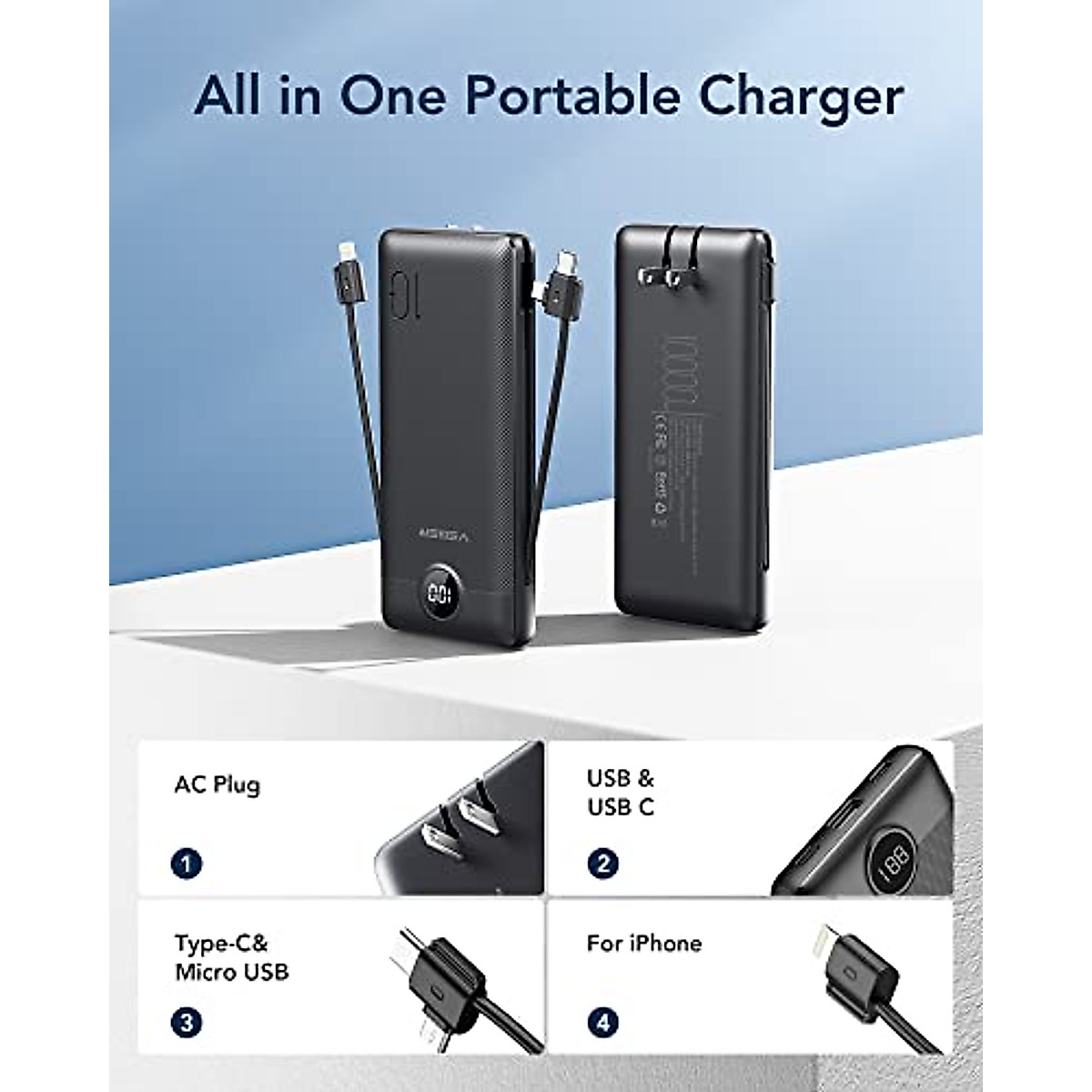 VEGER Portable Charger for iPhone Built in Cables Fast Charging USB C Slim 10000 Power Bank, Wall Plug USB Battery Pack for iPhones, iPad, Samsung More Phones Tablets (Black)