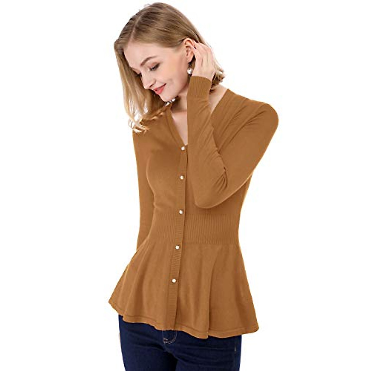 Allegra K Women's Peplum Sweater Ribbed V Neck Long Sleeve Knit Peplum Tops X-Small Brown