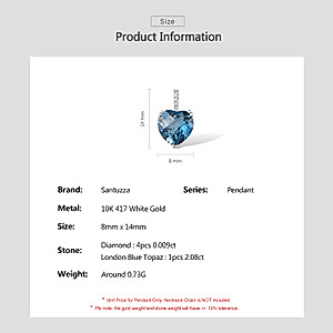 Santuzza 10K White Solid Gold Heart Shape London Blue Topaz Genuine Diamond Dainty Pendant Without Chain for Women