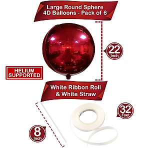 KatchOn, Big Red Metallic Balloons - 22 Inch, Pack of 6 | Round 4D Burgundy Foil Balloons, Christmas Balloons | Chrome Red Balloons, Red Marble Balloons for Christmas Decorations | Maroon Balloons