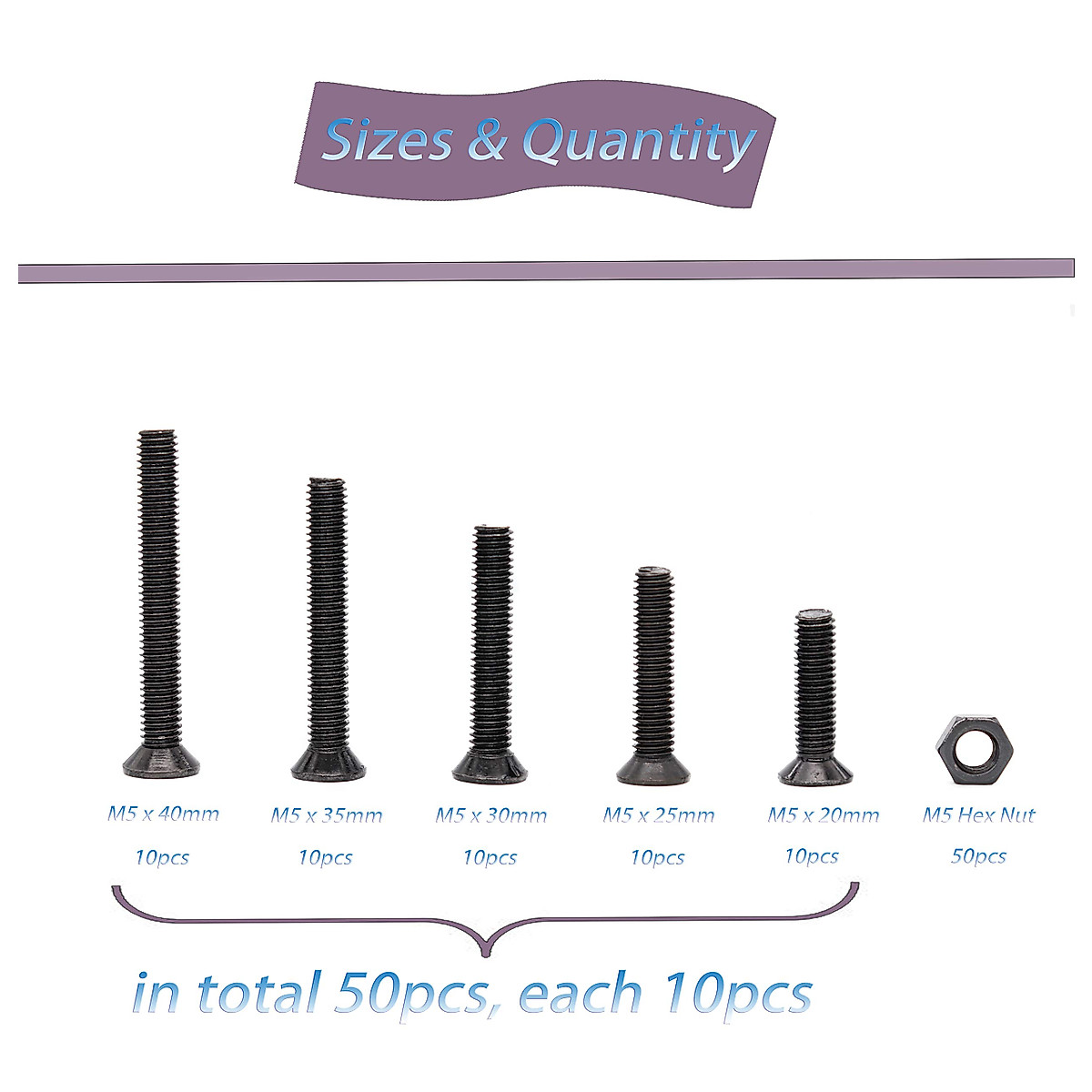 binifiMux 100pcs Flat Phillips Head Black M5 x 20mm/ 25mm/ 30mm/ 35mm/ 40mm Countersunk Machine Screws Hex Nuts Assortment Kit