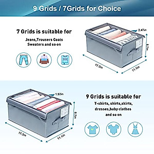 2 Pack Drawer Organizers for Clothes - Wardrobe Closet Organizer and Storage with Transparent Lids for Jeans Pants Dresses Sweaters Shirts, Stackable Large Size Fabric Organization Bins - 9 Grids Grey