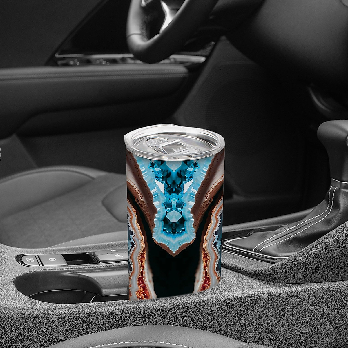 Elanze Designs Burnt Umber & Arctic Blue Crystal Gemstone Geode Wrap-Around Design 20 Ounce Stainless Steel On-The-Go Coffee Travel Insulated Skinny Tumbler Mug Cup with Slide Top Lid