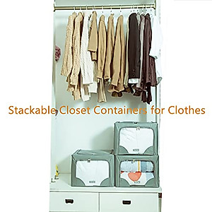 Tasmegol Stackable Steel Frame Clothes Storage Organizer Box Foldable Clear Window Closet Containers Oxford Cloth Clothing Bins for Sweater Bedding Blanket（Grey 2 Pack 40L）