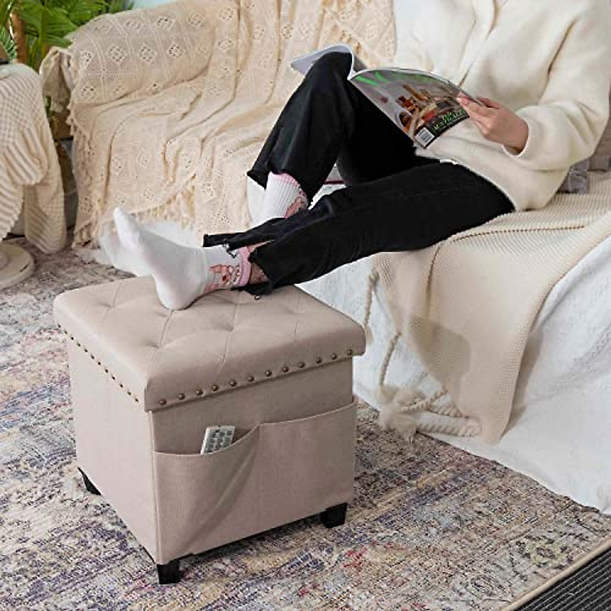 Brakki Storage Ottoman Cube Square Ottoman Foot Rest Cube with Side Pocket,15.7 Inches Storage Bench for Bedroom Living Room Linen Fabric with Wooden Legs Folding Beige Ottoman