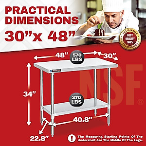 DuraSteel Food Prep Stainless Steel Table - 30 x 48 Inch Commercial Metal Workbench with Adjustable Under Shelf - NSF Certified - For Restaurant, Warehouse, Home, Kitchen, Garage
