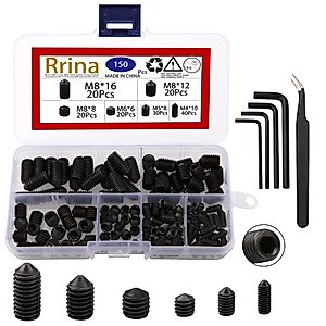 Rrina 150Pcs M4/M5/M6/M8 Hex Allen Head Socket Set Screws Grub Screw Bolts Assortment Kit,12.9 Class Alloy Steel Internal Hex Drive Cup-Point Screws