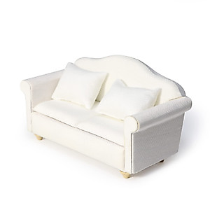Dollhouse Couch Miniature Sofa with Pillows Dollhouse Living Room Funiture 1:12 Scale Model 3 Pcs High Simulation Upholstered Wooden Fabric Armchair Mini Room Artificial House Scene Decoration (White)
