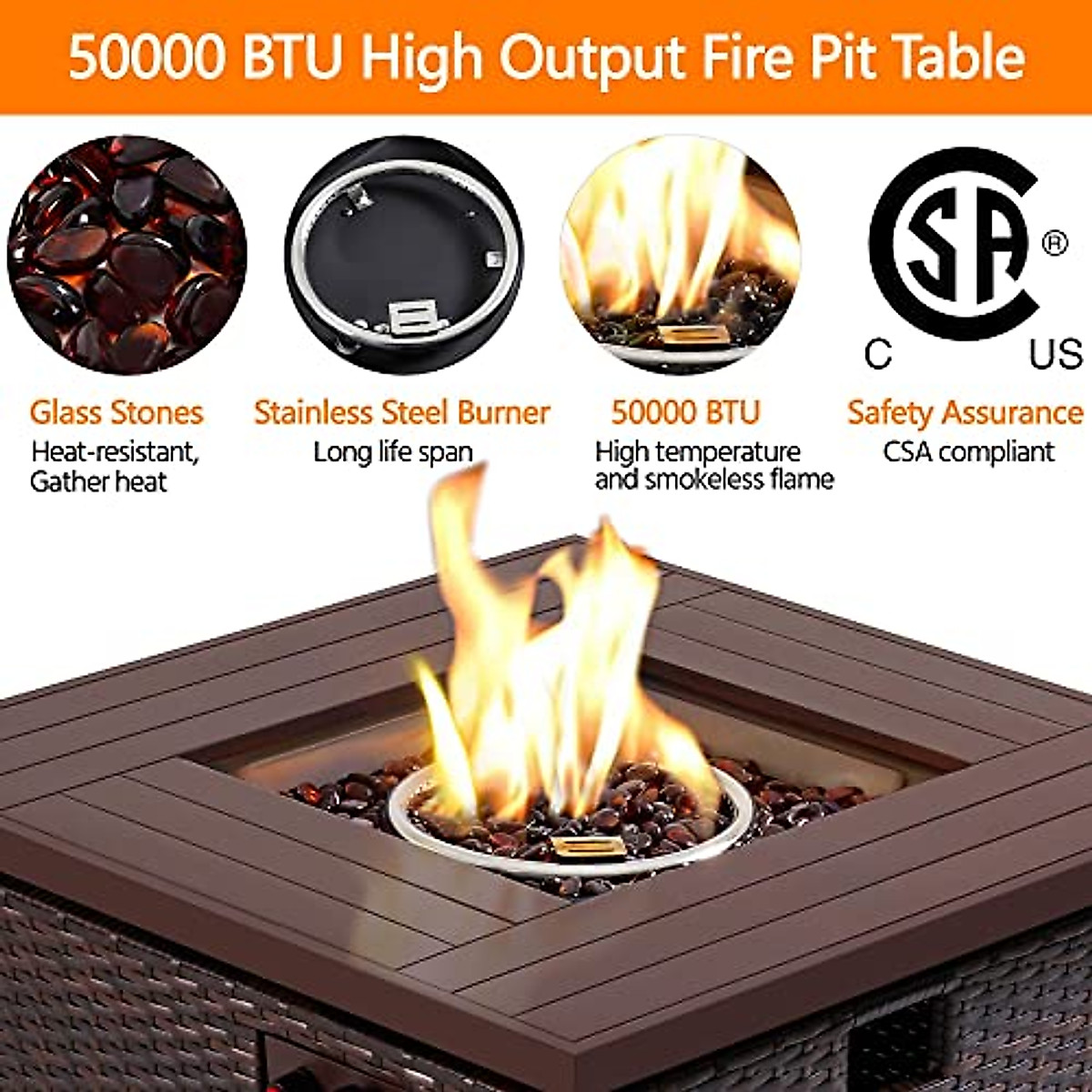 Yaheetech Fire Pit 28 in Propane Fire Pit Table 50,000 BTU Wicker Gas Fire Pit Table w/Weatherproof PE Rattan Frame and Fire Glass for Outdoor Patio Garden Backyard, Smokeless Gas Firepit Table