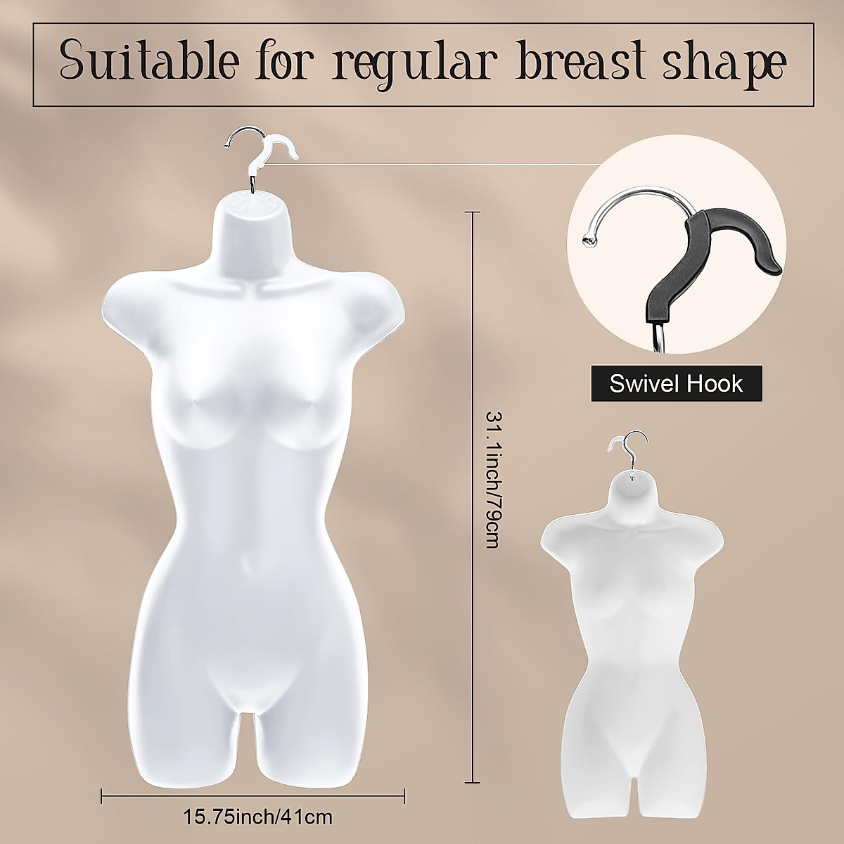 12 Pcs Hanging Mannequin Body Torso Female Women Dress Form with Hanger Hook Hip Long Hollow Back Mannequin Torso Thickened Plastic Shirt Display White (31.1 x 16.1 Inch)