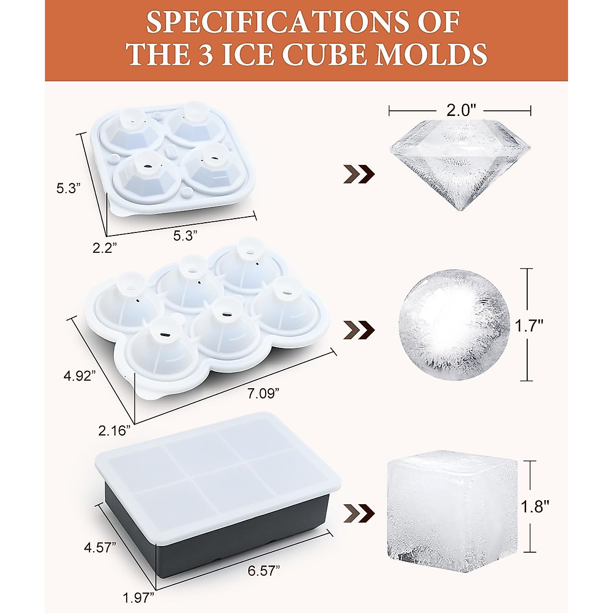 Silicone Large Ice Cube Molds (Set Of 3), 6 Ice Ball Maker Mold, 6 Square Ice Cube Mold，4 Diamond, Reusable Whiskey Ice Mold, Ice Molds for Cocktails, Bpa Free, Freezer Ice Cube Tray (Grey)