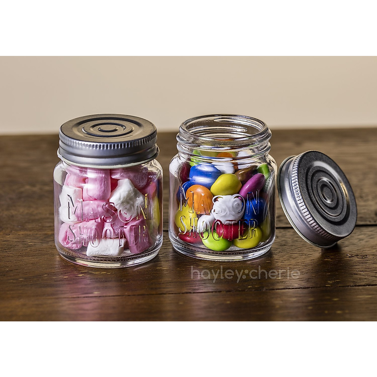 Hayley Cherie Mason Jar Shot Glasses with Lids (Set of 8) Mini Mason Shooter 2oz for Drinks, Liquor, Favors, Desserts, Parties, Birthdays, Gifts