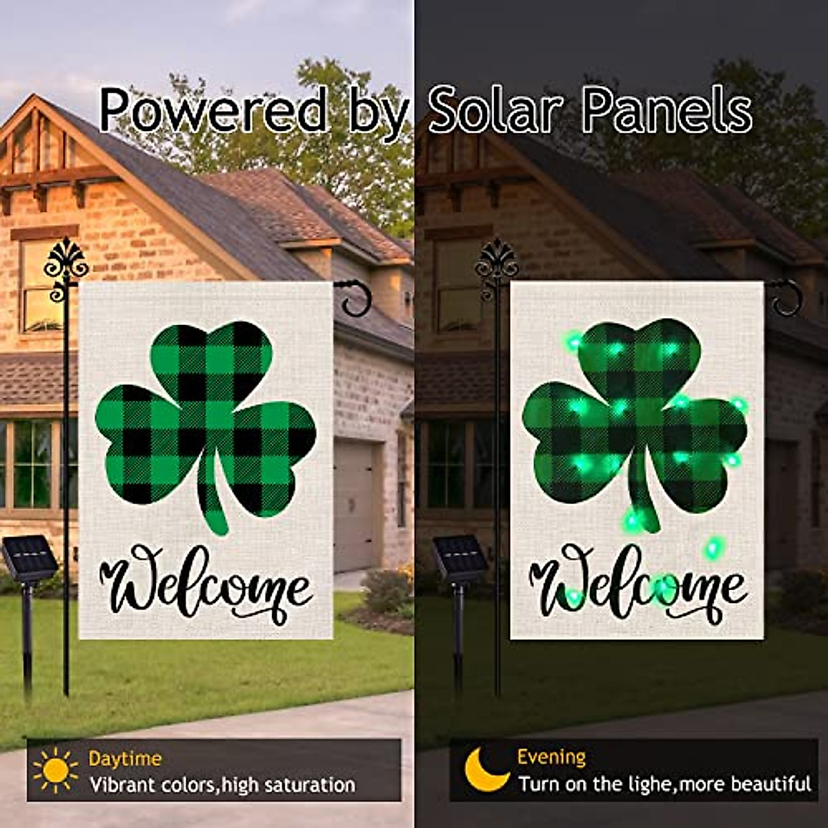 St Patricks Day Garden Flag Shamrock LED Lighted Welcome Buffalo Plaid Yard Outdoor Decoration Vertical Double Sized Burlap Spring Holiday Decor 12.5 x 18 Inch