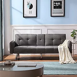 OYN Modern Futon Sofa Loveseat Convertible Sleeper Couch Bed Futonbed for Living Room Apartment Small Space Furniture Sets with 2 Cup Holders,Metal Legs, Removable Soft Square Armrest,Dark Gray